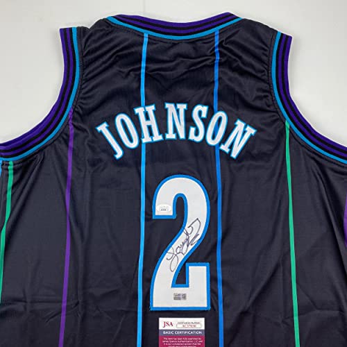 Autographed/Signed Larry Johnson Charlotte Black Basketball Jersey JSA COA