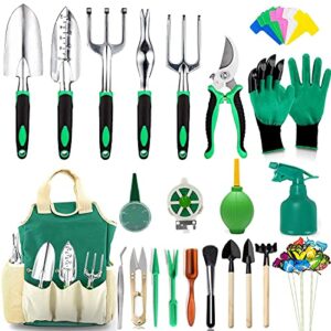 aokiwo 83 pcs garden tools set succulent tools set, heavy duty aluminum manual garden kit outdoor gardening gifts tools for men women (green)