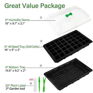 winemana 5 Set Seed Starter Trays with Humidity Dome, 200 Cell Grow Trays Seedlings Plant Staring Trays with Labels, Garden Propagator Set, Mini Greenhouse Germination Kit for Seed Growing