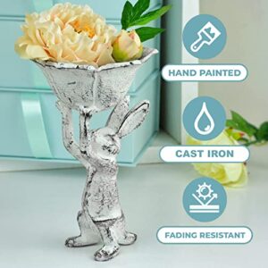 Antique White Cast Iron Rabbit with Flower Bird Feeder - 6 Inch Plant Pot or Feeder - (Cute Planter for Garden Decor for Outside)