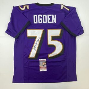 autographed/signed jonathan ogden hof 13 baltimore purple football jersey jsa coa