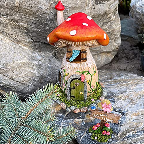 Mood Lab Fairy Garden - Mushroom House Kit with Miniature Welcome Sign - Accessories Set of 2 pcs - 7.6 Inch Tall House