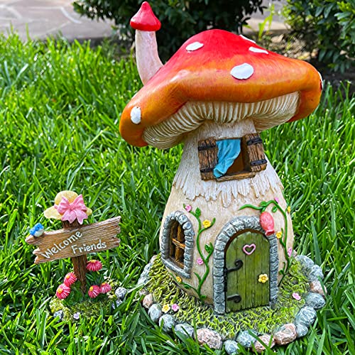 Mood Lab Fairy Garden - Mushroom House Kit with Miniature Welcome Sign - Accessories Set of 2 pcs - 7.6 Inch Tall House