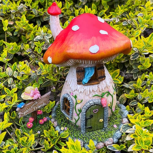 Mood Lab Fairy Garden - Mushroom House Kit with Miniature Welcome Sign - Accessories Set of 2 pcs - 7.6 Inch Tall House