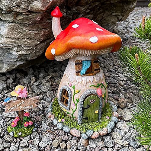 Mood Lab Fairy Garden - Mushroom House Kit with Miniature Welcome Sign - Accessories Set of 2 pcs - 7.6 Inch Tall House