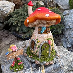 Mood Lab Fairy Garden - Mushroom House Kit with Miniature Welcome Sign - Accessories Set of 2 pcs - 7.6 Inch Tall House