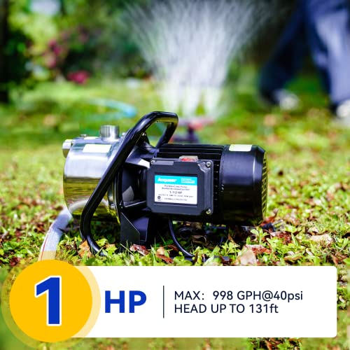 Acquaer 1HP Portable Shallow Well Pump Garden Pump, Stainless Steel, 998GPH, 115V Sprinkler Pump Water Transfer Draining Irrigation Pump for Water Removal/Lawn Garden