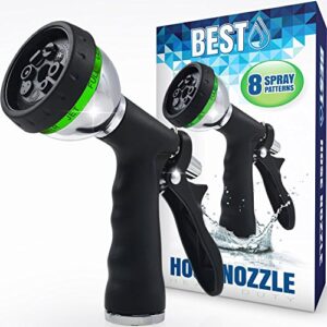 best garden hose nozzle (high pressure technology) – 8 way spray pattern – jet, mist, shower, flat, full, center, cone, and angel water sprayer settings – rear trigger design – steel chrome design