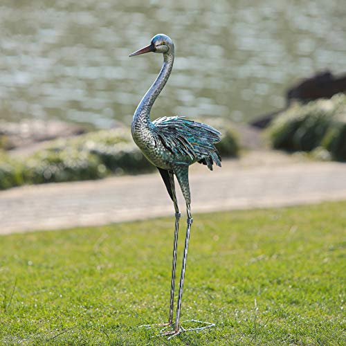 Kicust Garden Crane Statue for Outdoor, Blue Heron Decoy Garden Sculptures and Statues, Metal Bird Yard Art for Lawn Patio Decor, Set of 2