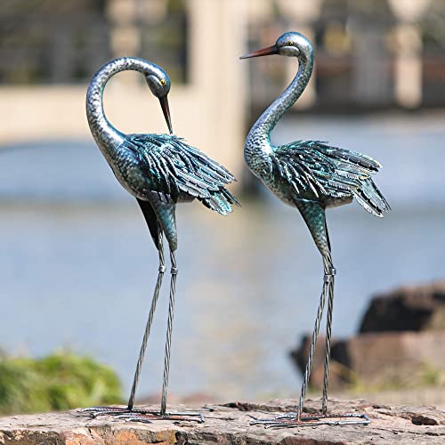 Kicust Garden Crane Statue for Outdoor, Blue Heron Decoy Garden Sculptures and Statues, Metal Bird Yard Art for Lawn Patio Decor, Set of 2