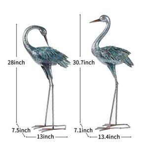 Kicust Garden Crane Statue for Outdoor, Blue Heron Decoy Garden Sculptures and Statues, Metal Bird Yard Art for Lawn Patio Decor, Set of 2