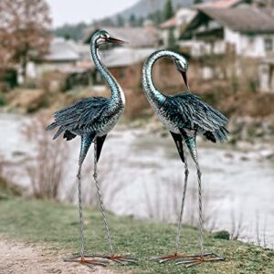 Kicust Garden Crane Statue for Outdoor, Blue Heron Decoy Garden Sculptures and Statues, Metal Bird Yard Art for Lawn Patio Decor, Set of 2