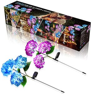 Solar Lights Outdoor Decorative - 2 Pack Hydrangea Solar Garden Stake Lights Waterproof and Realistic LED Flowers Powered Outdoor In-Ground Lights for Garden Lawn Patio Backyard (Purple and blue)