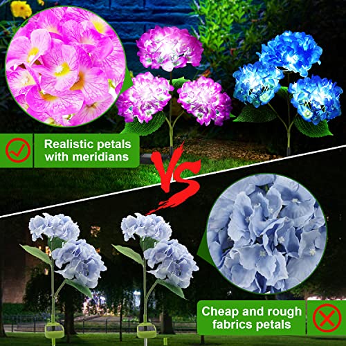 Solar Lights Outdoor Decorative - 2 Pack Hydrangea Solar Garden Stake Lights Waterproof and Realistic LED Flowers Powered Outdoor In-Ground Lights for Garden Lawn Patio Backyard (Purple and blue)