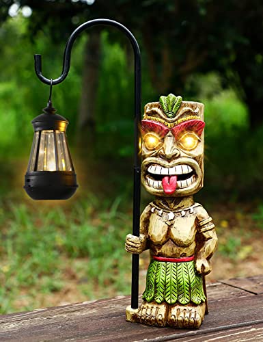 MIBUNG Upgraded Tiki Decor Garden Statue, Large Tiki Figurine with Solar Lantern Lights, Hawaiian Tropical Tiki Man Warrior, Tiki Dude, Tiki Torch, Outdoor Patio Yard Lawn Bar Party Beach Decoration