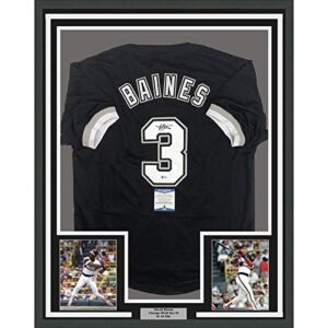 framed autographed/signed harold baines 33×42 chicago black baseball jersey beckett bas coa