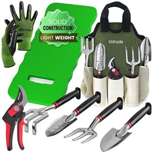 8-piece gardening tool set-includes ez-cut pruners, lightweight aluminum hand tools with soft rubber handles- trowel, bamboo gloves, garden tote, high density comfort knee pad gardening gifts tool set