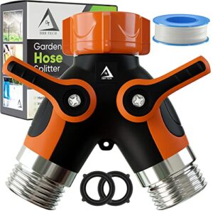 hose splitter 2 way, heavy duty metal connector, two way garden hose splitter, high flow spigot faucet bib adapter, solid double y shut off valve for outdoor gardening hoses, orange