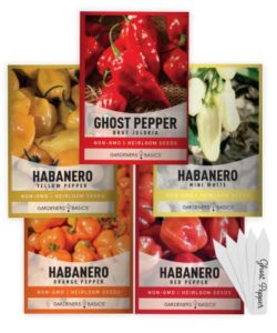 hot pepper seeds for planting ghost habanero – 5 varieties pack ghost pepper seeds, red, orange, yellow, white habanero seeds for planting in garden non gmo, heirloom peppers seeds by gardeners basics