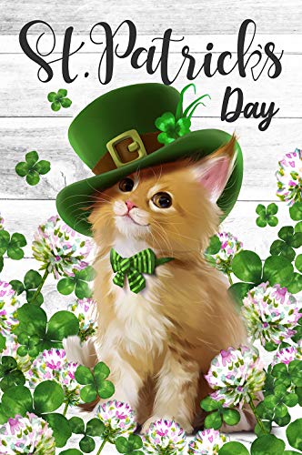 Texupday Happy St. Patrick's Day Cute Cat Kitty with Hat Clover Shamrock Floral Decoration Garden Flag Outdoor Yard Flag 12" x 18"