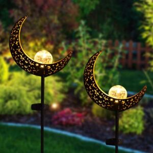 joiedomi 2 pack solar garden lights, outdoor moon crackle glass globe stake lights, solar powered ramadan decorations, outdoor waterproof pathway lights for walkway, yard, lawn, patio or courtyard