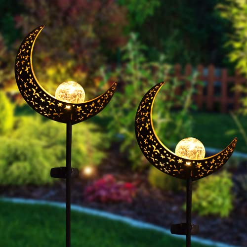 Joiedomi 2 Pack Solar Garden Lights, Outdoor Moon Crackle Glass Globe Stake Lights, Solar Powered Ramadan Decorations, Outdoor Waterproof Pathway Lights for Walkway, Yard, Lawn, Patio or Courtyard