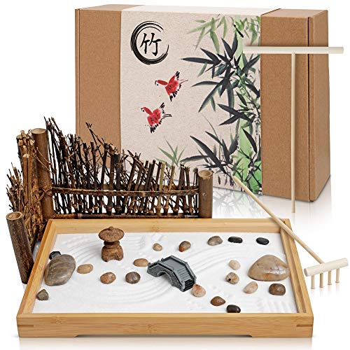 ENSO - Japanese Zen Garden Kit for Desk - 11x7.5 Inches Large - Bamboo Tray, White Sand, River Rocks, Pebbles, Rake Tools Set - Office Table Accessories, Mini Zen Sand Garden Kit - Meditation Gifts