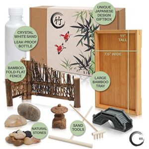 ENSO - Japanese Zen Garden Kit for Desk - 11x7.5 Inches Large - Bamboo Tray, White Sand, River Rocks, Pebbles, Rake Tools Set - Office Table Accessories, Mini Zen Sand Garden Kit - Meditation Gifts