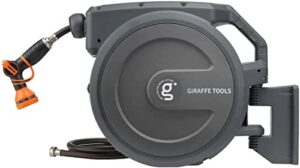 giraffe tools aw405/8 retractable hose reel 5/8 inch x 90 ft wall mounted garden hose reel heavy duty with automatic rewind, swivel bracket, any length lock, 90ft, dark grey