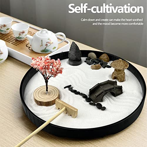 Zen Garden for Desk Japanese Zen Garden Kit 8 Inch Large Round with 6 Sand Rake and Accessories Tray Mini Desktop Zen Decor for Home Office Gift Therapy Relaxation Meditation