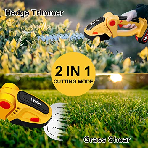 24V Hedge Trimmer Cordless & Grass Shear, Yeelan 2 in 1 Handheld Shrub Trimmer Electric Bush Trimmer, Portable Power Hedge Shears & Grass Cutter with 2 Pcs Rechargeable Batterys for Garden & Lawn