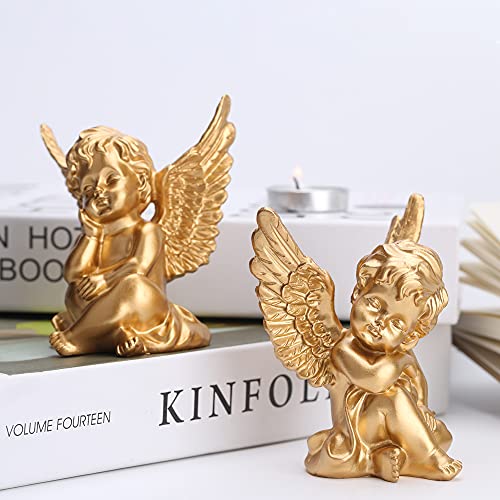 orenm 2 Pack Resin Cherubs Gold Angel Statue Figurine, Garden Sleeping Cherub Statue Sculpture Indoor Outdoor Home Decoration, Cute Adorable Angle Sculpture Memorial Statue(4" Height) (Gold)