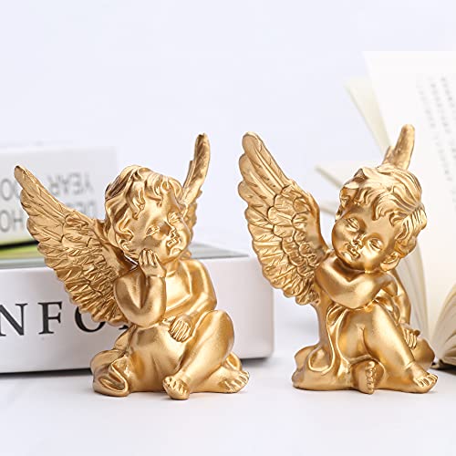 orenm 2 Pack Resin Cherubs Gold Angel Statue Figurine, Garden Sleeping Cherub Statue Sculpture Indoor Outdoor Home Decoration, Cute Adorable Angle Sculpture Memorial Statue(4" Height) (Gold)