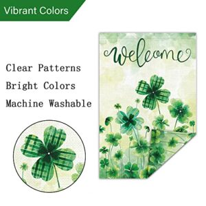 Welcome Spring St. Patrick's Day Garden Flag 12x18 Double Sided Vertical, Burlap Small Mini Lucky Shamrock Clover Yard Flag Banner Happy Saint Patrick's Sign for Home Outside Outdoor Decor (ONLY FLAG)