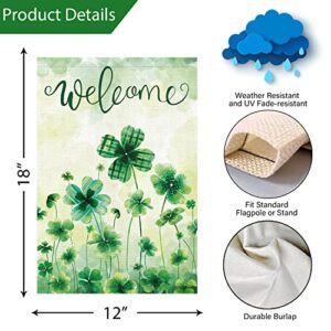 Welcome Spring St. Patrick's Day Garden Flag 12x18 Double Sided Vertical, Burlap Small Mini Lucky Shamrock Clover Yard Flag Banner Happy Saint Patrick's Sign for Home Outside Outdoor Decor (ONLY FLAG)