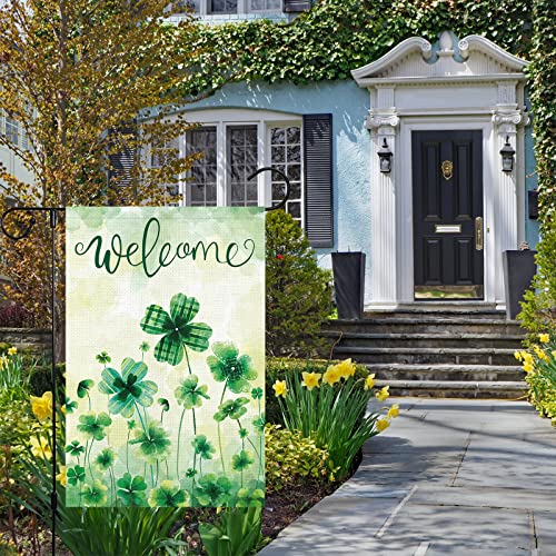 Welcome Spring St. Patrick's Day Garden Flag 12x18 Double Sided Vertical, Burlap Small Mini Lucky Shamrock Clover Yard Flag Banner Happy Saint Patrick's Sign for Home Outside Outdoor Decor (ONLY FLAG)