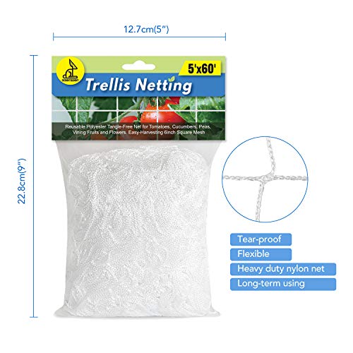 SKINNYBUNNY 5x60ft Trellis Netting, Durable Garden Grow Netting, Heavy-Duty Nylon String Net, Designed for Climbing Vining Plants, Fruits and Vegetables, Hydroponics, Fit in All-Weather, 1-Pack