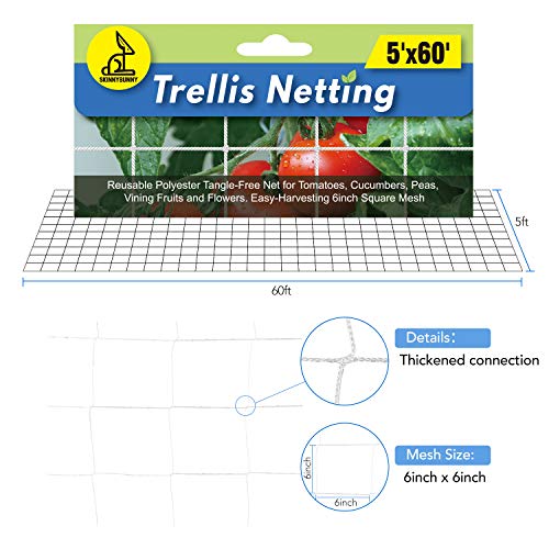 SKINNYBUNNY 5x60ft Trellis Netting, Durable Garden Grow Netting, Heavy-Duty Nylon String Net, Designed for Climbing Vining Plants, Fruits and Vegetables, Hydroponics, Fit in All-Weather, 1-Pack