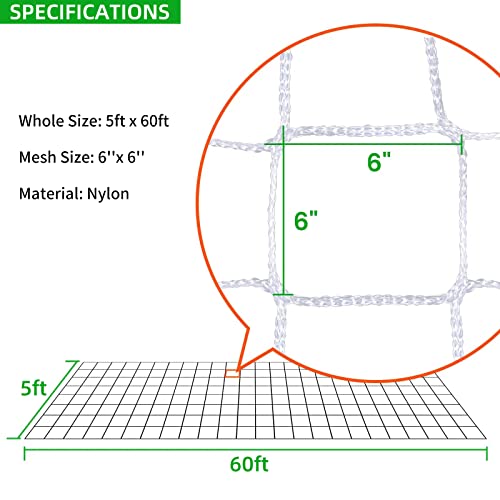 SKINNYBUNNY 5x60ft Trellis Netting, Durable Garden Grow Netting, Heavy-Duty Nylon String Net, Designed for Climbing Vining Plants, Fruits and Vegetables, Hydroponics, Fit in All-Weather, 1-Pack