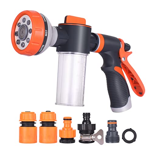 Garden Hose Sprayer Nozzle + Adapter, Features 8 Water Hose Nozzle, Car Wash Foam cannon Washing Kit, 3.5 oz Soap Dispenser Bottle Connects to Any Garden Hose, Lawn, Cleaning Car, Showering Pet