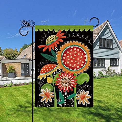 Spring Garden Flag Sunflower Black Summer Double Sided Burlap Vertical Holiday Seasonal Farmhouse Yard Outdoor Home Decorations 12.5 x 18 Inch