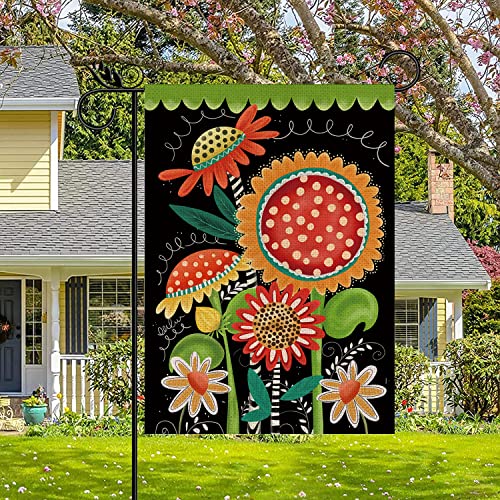 Spring Garden Flag Sunflower Black Summer Double Sided Burlap Vertical Holiday Seasonal Farmhouse Yard Outdoor Home Decorations 12.5 x 18 Inch