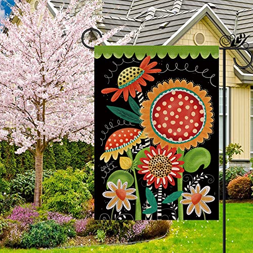 Spring Garden Flag Sunflower Black Summer Double Sided Burlap Vertical Holiday Seasonal Farmhouse Yard Outdoor Home Decorations 12.5 x 18 Inch