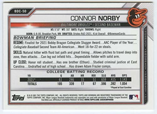 2021 Bowman Chrome Draft #BDC-50 Connor Norby RC Rookie Baltimore Orioles MLB Baseball Trading Card