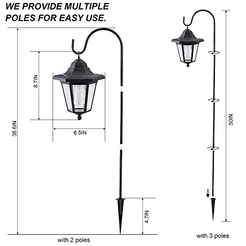 Dynaming 2 Pack Solar Hanging Lights Outdoor, Solar Powered Garden Decorative Lanterns with 2 x 50 Inch Shepherd Hooks, Waterproof Landscape Lighting for Lawn Patio Yard Pathway Driveway, Warm White