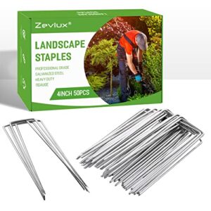 zevlux landscape staples 4 inch 50pcs 12 gauge garden stakes, heavy duty galvanized garden staple for fences, lawns, weed barriers, and landscape fabrics, netting, irrigation hose, floor mats (4inch)