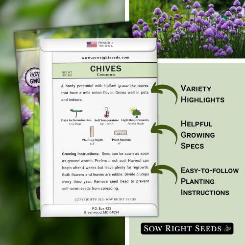 Sow Right Seeds - Chives Seed for Planting - Non-GMO Heirloom; Instructions to Plant and Grow Kitchen Herb Garden, Indoor or Outdoor; Great Garden Gift (1)