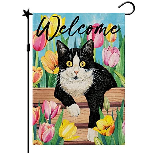 CMEGKE Spring Garden Flag, Spring Cat Garden Flag, Tulip Spring Summer Vertical Double Sided Burlap Welcome Black Cat Floral Holiday Party Rustic Farmhouse Yard Home Outdoor Decoration 12.5 x 18 In