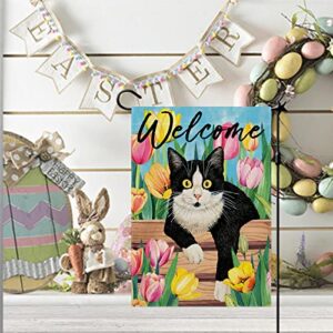 CMEGKE Spring Garden Flag, Spring Cat Garden Flag, Tulip Spring Summer Vertical Double Sided Burlap Welcome Black Cat Floral Holiday Party Rustic Farmhouse Yard Home Outdoor Decoration 12.5 x 18 In