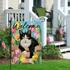 CMEGKE Spring Garden Flag, Spring Cat Garden Flag, Tulip Spring Summer Vertical Double Sided Burlap Welcome Black Cat Floral Holiday Party Rustic Farmhouse Yard Home Outdoor Decoration 12.5 x 18 In